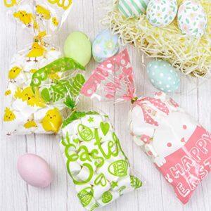 Whaline Easter Cellophane Party Bags 160pcs Bunny Easter Egg Treat Bags with 200pcs Gold Twist Ties Plastic Cello Candy Sweet Bags Gift Bags Chick Flower Bags for Easter Party Table Decor, 4 Designs