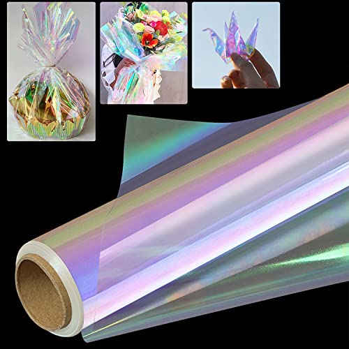 66 ft x 34 in Extra Wide Iridescent Cellophane Wrap Roll, Iridescent Film Cellophane Wrapping Paper Rainbow Colored Cellophane Wrap for Gift Baskets, Treats, Gifts, Flower, Crafts, Holiday, Christmas Decoration