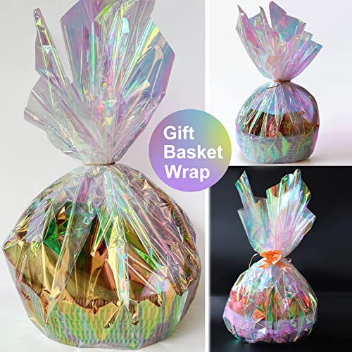 66 ft x 34 in Extra Wide Iridescent Cellophane Wrap Roll, Iridescent Film Cellophane Wrapping Paper Rainbow Colored Cellophane Wrap for Gift Baskets, Treats, Gifts, Flower, Crafts, Holiday, Christmas Decoration