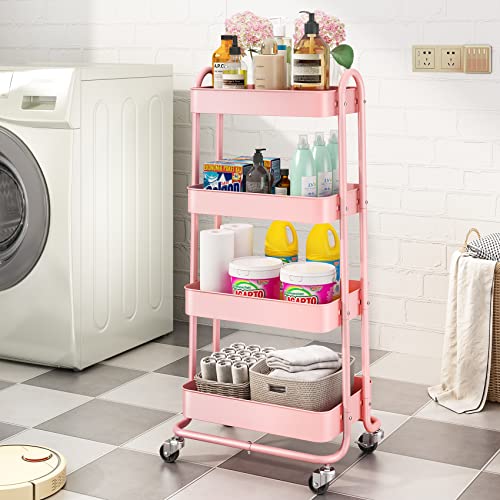 SAYZH 4-Tier Metal Utility Rolling Cart, Durable Multifunction Cart with Rotating Lockable Wheels, Easy to Assemble, Suitable for Office, Bathroom, Kitchen, Garden (Pink)