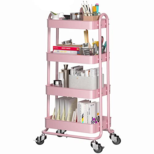 SAYZH 4-Tier Metal Utility Rolling Cart, Durable Multifunction Cart with Rotating Lockable Wheels, Easy to Assemble, Suitable for Office, Bathroom, Kitchen, Garden (Pink)