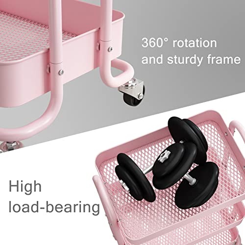 SAYZH 4-Tier Metal Utility Rolling Cart, Durable Multifunction Cart with Rotating Lockable Wheels, Easy to Assemble, Suitable for Office, Bathroom, Kitchen, Garden (Pink)