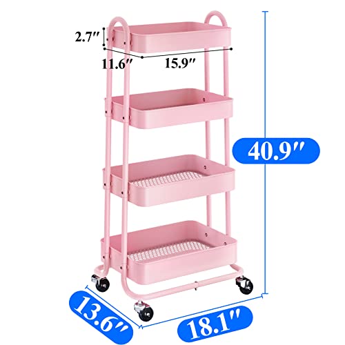 SAYZH 4-Tier Metal Utility Rolling Cart, Durable Multifunction Cart with Rotating Lockable Wheels, Easy to Assemble, Suitable for Office, Bathroom, Kitchen, Garden (Pink)