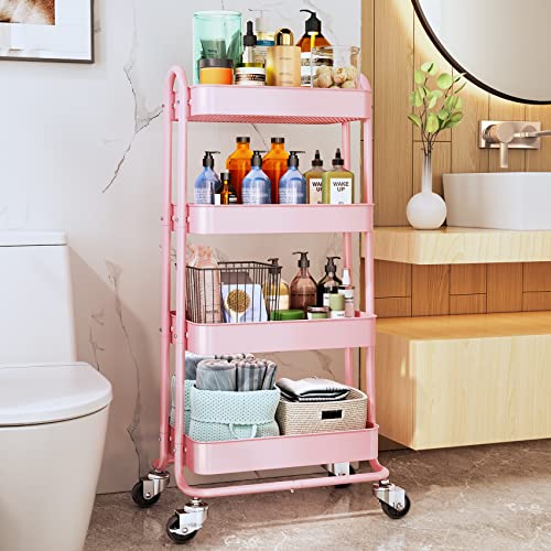 SAYZH 4-Tier Metal Utility Rolling Cart, Durable Multifunction Cart with Rotating Lockable Wheels, Easy to Assemble, Suitable for Office, Bathroom, Kitchen, Garden (Pink)