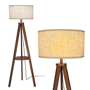 elyona tripod floor lamp with table, rubber wood tall standing light, mid century modern corner shelf reading floor lamp with drum shade for living room, bedroom, office, led bulb included, brown