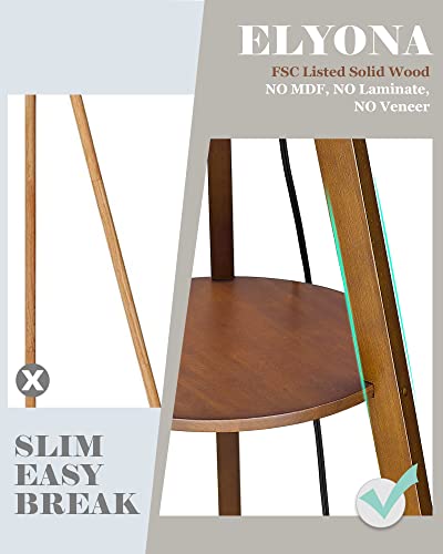 ELYONA Tripod Floor Lamp with Table, Rubber Wood Tall Standing Light, Mid Century Modern Corner Shelf Reading Floor Lamp with Drum Shade for Living Room, Bedroom, Office, LED Bulb Included, Brown