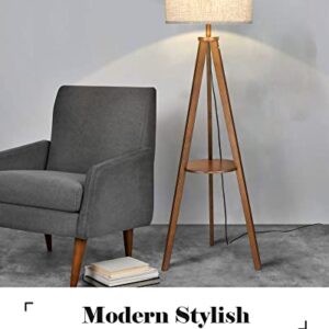 ELYONA Tripod Floor Lamp with Table, Rubber Wood Tall Standing Light, Mid Century Modern Corner Shelf Reading Floor Lamp with Drum Shade for Living Room, Bedroom, Office, LED Bulb Included, Brown