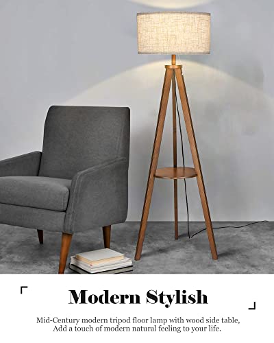 ELYONA Tripod Floor Lamp with Table, Rubber Wood Tall Standing Light, Mid Century Modern Corner Shelf Reading Floor Lamp with Drum Shade for Living Room, Bedroom, Office, LED Bulb Included, Brown