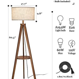 ELYONA Tripod Floor Lamp with Table, Rubber Wood Tall Standing Light, Mid Century Modern Corner Shelf Reading Floor Lamp with Drum Shade for Living Room, Bedroom, Office, LED Bulb Included, Brown