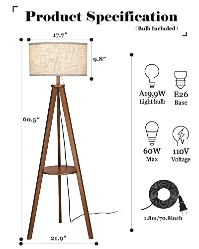 ELYONA Tripod Floor Lamp with Table, Rubber Wood Tall Standing Light, Mid Century Modern Corner Shelf Reading Floor Lamp with Drum Shade for Living Room, Bedroom, Office, LED Bulb Included, Brown