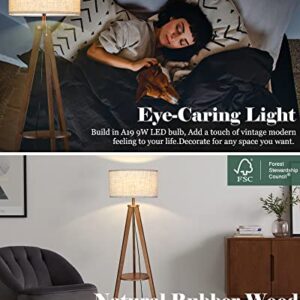 ELYONA Tripod Floor Lamp with Table, Rubber Wood Tall Standing Light, Mid Century Modern Corner Shelf Reading Floor Lamp with Drum Shade for Living Room, Bedroom, Office, LED Bulb Included, Brown