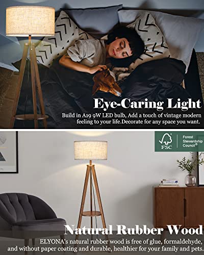 ELYONA Tripod Floor Lamp with Table, Rubber Wood Tall Standing Light, Mid Century Modern Corner Shelf Reading Floor Lamp with Drum Shade for Living Room, Bedroom, Office, LED Bulb Included, Brown