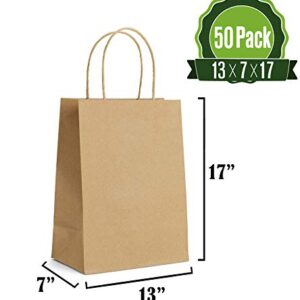 [50 Bags] 13 X 7 X 17 Brown Kraft Paper Gift Bags Bulk with Handles. Ideal for Shopping, Packaging, Retail, Party, Craft, Gifts, Wedding, Recycled, Business, Goody and Merchandise Bag