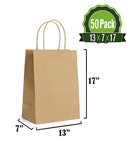 [50 Bags] 13 X 7 X 17 Brown Kraft Paper Gift Bags Bulk with Handles. Ideal for Shopping, Packaging, Retail, Party, Craft, Gifts, Wedding, Recycled, Business, Goody and Merchandise Bag