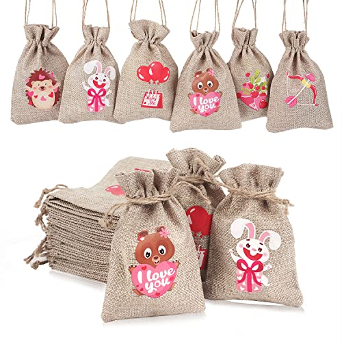 DERAYEE 36 Pcs Valentine's Day Burlap Bags, 4 x 6 Inches Heart Linen bags with Drawstring Mini Jute Candy Bags for Wedding Bridal Shower Valentine's Day Party Favors