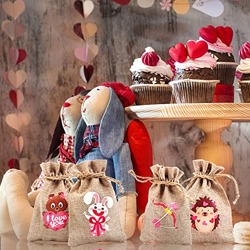 DERAYEE 36 Pcs Valentine's Day Burlap Bags, 4 x 6 Inches Heart Linen bags with Drawstring Mini Jute Candy Bags for Wedding Bridal Shower Valentine's Day Party Favors