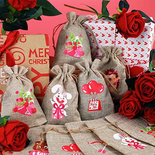 DERAYEE 36 Pcs Valentine's Day Burlap Bags, 4 x 6 Inches Heart Linen bags with Drawstring Mini Jute Candy Bags for Wedding Bridal Shower Valentine's Day Party Favors