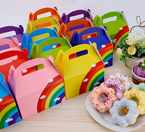 Naleyber Rainbow Party Favor Treat Boxes 16pcs Thickened Paper Gift Gable Box, Candy Snack Goodie Bag for Birthdays, Wedding, Holidays, Vivid Colored