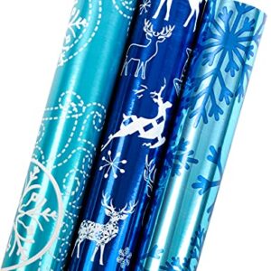 MAYPLUSS Christmas Wrapping Paper Roll - Mini Roll - 17 inch X 120 inch Per roll - 3 Different Blue Design with Glitter Metallic Foil Shine (42.3 sq.ft.ttl)