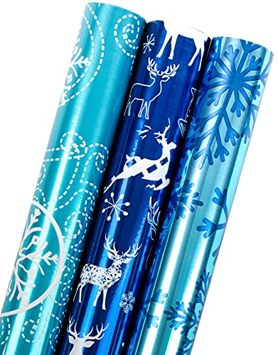 MAYPLUSS Christmas Wrapping Paper Roll - Mini Roll - 17 inch X 120 inch Per roll - 3 Different Blue Design with Glitter Metallic Foil Shine (42.3 sq.ft.ttl)