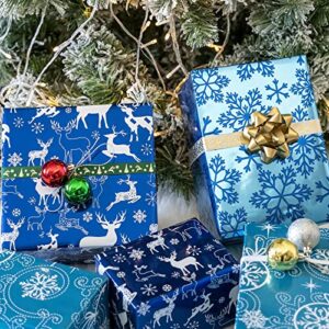 MAYPLUSS Christmas Wrapping Paper Roll - Mini Roll - 17 inch X 120 inch Per roll - 3 Different Blue Design with Glitter Metallic Foil Shine (42.3 sq.ft.ttl)