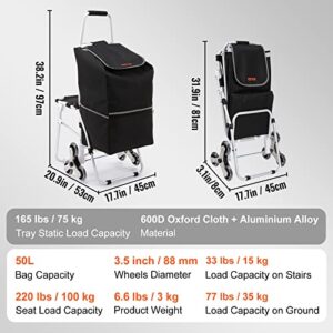 VEVOR Shopping Cart with Wheels, Stair Climbing Grocery Cart with 50L Removable Shopping Bag, 165lbs Foldable Utility Cart Trolley Dolly with Seat, Stair Climber Cart for Grocery Shopping Travel