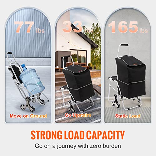 VEVOR Shopping Cart with Wheels, Stair Climbing Grocery Cart with 50L Removable Shopping Bag, 165lbs Foldable Utility Cart Trolley Dolly with Seat, Stair Climber Cart for Grocery Shopping Travel