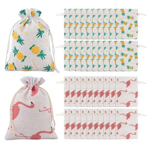 40 pcs hawaiian drawstring favor bags- 2 styles natural burlap pouches drawstring gift treat bags for birthday wedding summer beach luau tropical party favors(pineapple+ flamingo, 20pcs each style)