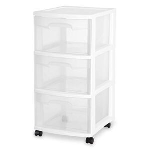 sterilite 28308001k 3-drawer rolling caster wheel home organizer storage cart with durable plastic frame, clear drawers, white