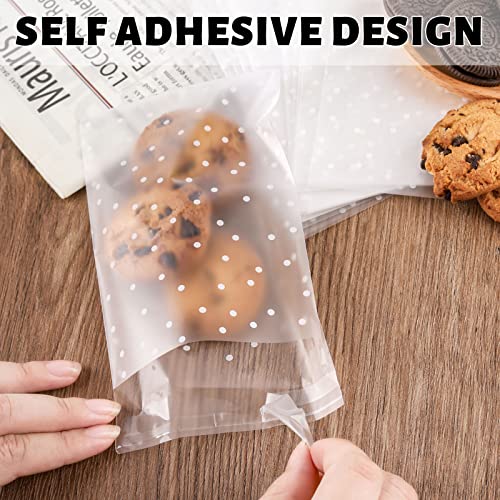 200PACK Self Adhesive Cookie Bags Cellophane Treat Bags Thank You Candy Bags for Gift Giving with Stickers(White Polka Dot,5.5x5.5 INCH)