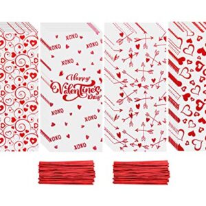 JOZON 200 Pieces Valentine's Day Cellophane Candy Bags with Twist Ties 4 Styles Valentines Day Cellophane Treat Bags Cello Candy Bags Cookie Bags Goodie Bags for Valentines Party Favor Supplies