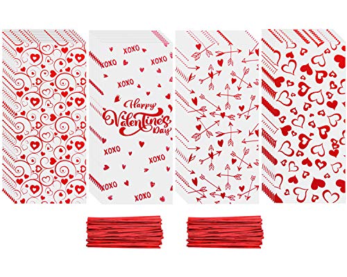 JOZON 200 Pieces Valentine's Day Cellophane Candy Bags with Twist Ties 4 Styles Valentines Day Cellophane Treat Bags Cello Candy Bags Cookie Bags Goodie Bags for Valentines Party Favor Supplies