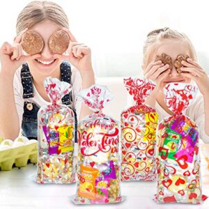 JOZON 200 Pieces Valentine's Day Cellophane Candy Bags with Twist Ties 4 Styles Valentines Day Cellophane Treat Bags Cello Candy Bags Cookie Bags Goodie Bags for Valentines Party Favor Supplies