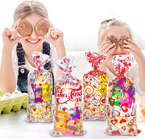 JOZON 200 Pieces Valentine's Day Cellophane Candy Bags with Twist Ties 4 Styles Valentines Day Cellophane Treat Bags Cello Candy Bags Cookie Bags Goodie Bags for Valentines Party Favor Supplies