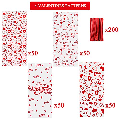 JOZON 200 Pieces Valentine's Day Cellophane Candy Bags with Twist Ties 4 Styles Valentines Day Cellophane Treat Bags Cello Candy Bags Cookie Bags Goodie Bags for Valentines Party Favor Supplies