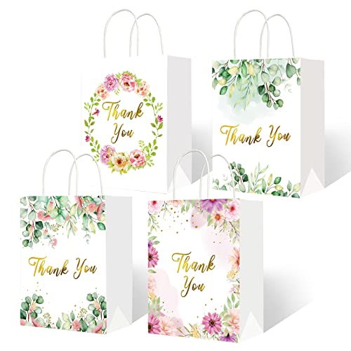 OurWarm 24 Pack Thank You Gift Bags Medium Size with Gold Foil, Floral Design White Paper Bags with Handles Bulk, Thank You Bags for Wedding Bridal Party Baby Shower Birthday Gift Bags, 8 X 4 X 10 IN