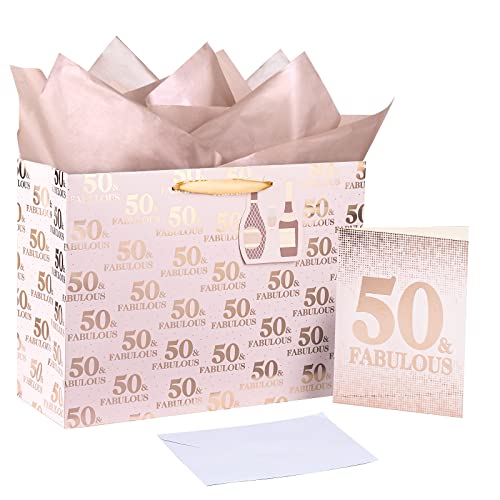 LeZakaa 16" Large Gift Bag with Tissue Paper, Gift Tag and Card,50 & Fabulous Lettering with Metallic Gold Foil on Pink for Anniversary, Birthday