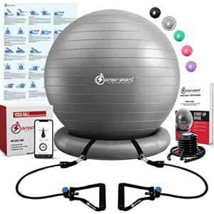 intent sports yoga ball chair – stability ball with inflatable stability base & resistance bands, fitness ball for home gym, office, improves back pain, core, posture & balance (65 cm) (gray)