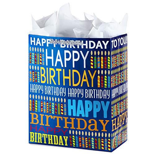 Hallmark 13" Large Birthday Gift Bag with Tissue Paper (Blue Happy Birthday, Multicolored Candles)