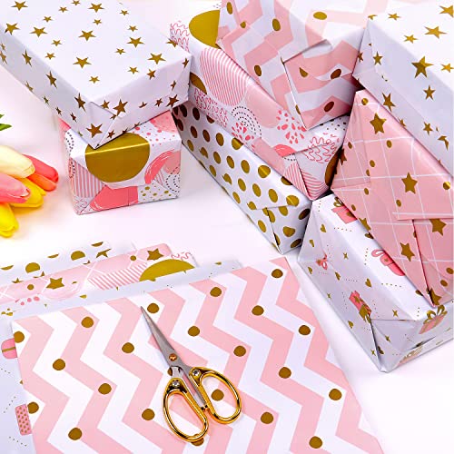 MAMUNU Gift Wrapping Paper for Girl Women, 12 Sheets Metallic Gold Foil and Pink Wrapping Paper, Gift Wrapping Paper Sheets for Birthday, Valentines Day, Wedding, Baby Shower, 28x20inch