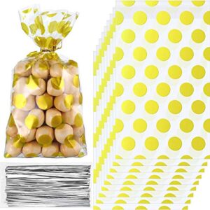 blulu 200 pieces gold treat cellophane bags with 200 pieces golden twist ties party supplies, 8.3 x 5.1 x 1.6 inch treat candy bags party gift bags for cookie snack wrapping wedding gift