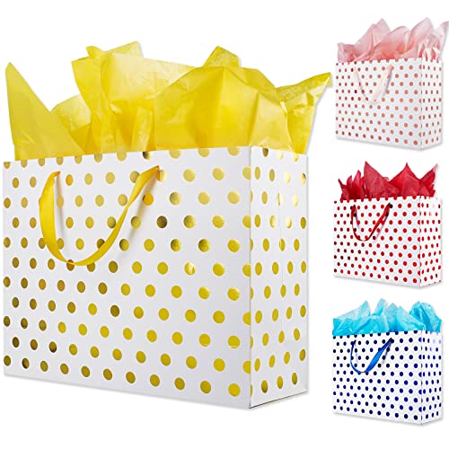 Plauthus 16" Extra Large Gift Bags for Presents with Tissue Paper for Birthday Party and Baby Shower (4 Packs, Gold, Rose Gold, Blue, Red metallic dots)