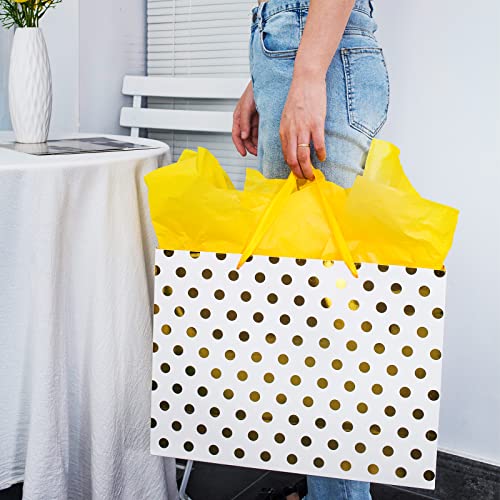 Plauthus 16" Extra Large Gift Bags for Presents with Tissue Paper for Birthday Party and Baby Shower (4 Packs, Gold, Rose Gold, Blue, Red metallic dots)