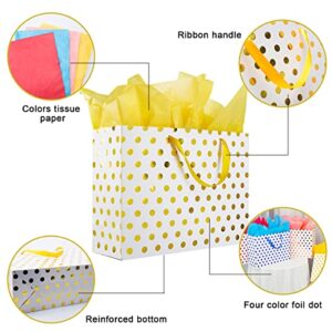 Plauthus 16" Extra Large Gift Bags for Presents with Tissue Paper for Birthday Party and Baby Shower (4 Packs, Gold, Rose Gold, Blue, Red metallic dots)