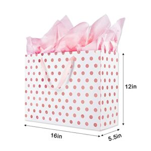 Plauthus 16" Extra Large Gift Bags for Presents with Tissue Paper for Birthday Party and Baby Shower (4 Packs, Gold, Rose Gold, Blue, Red metallic dots)