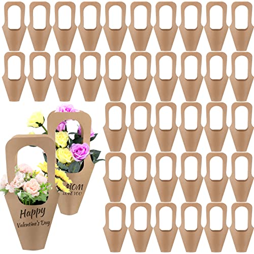 40 Pcs Kraft Paper Flowers Gift Bags Brown Bouquets Bags with Handles Creative Floral Wrapping Paper Bouquet Cone Florist Flower Sleeves for Flower Packaging Wrapping Gift Home Decoration, Medium