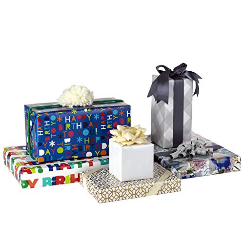 Hallmark All Occasion Wrapping Paper with Cut Lines on Reverse (6 Rolls: 180 sq ft ttl) Happy Birthday, Polka Dots, Blue Flowers for Birthdays, Mothers Day, Weddings, Graduations, Bridal Showers