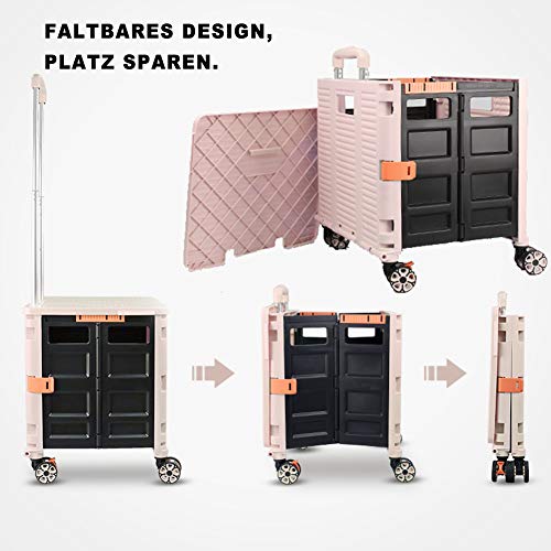 Foldable Utility Cart Folding Portable Rolling Crate Handcart Shopping Trolley Wheel Box with Lid Wear-Resistant Noiseless 360°Rotate Wheel for Travel Shopping Moving Storage Office Use (Pink)