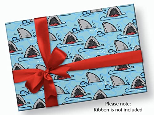 Shark Birthday Party Gift Wrapping Paper - Folded Flat 30 x 20 Inch (3 Sheets)