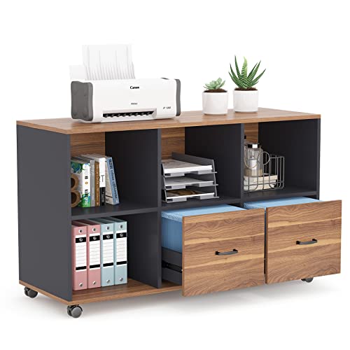 Tribesigns 2 Drawers Lateral File Cabinets, Home Office 43 inches Mobile Wood Filing Cabinet Printer Stand with Wheels and Open Storage Shelves,Drawers for Letter Size